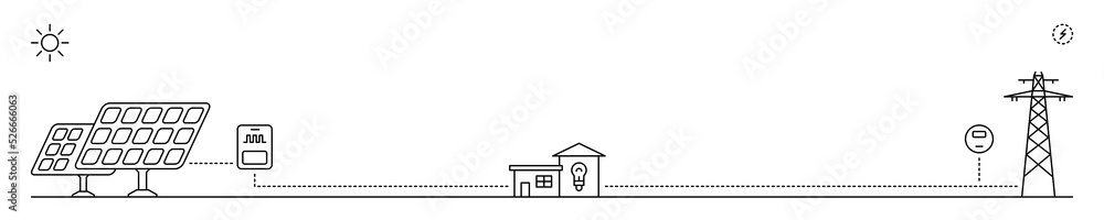 Solar power plant. Smart energy divider. Line art vector illustration ...