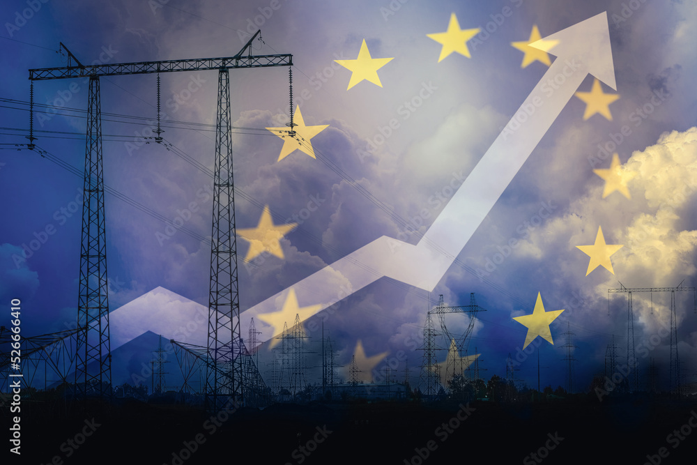 Power line silhouette with stormy sky and rising up arrow. Electricity ...