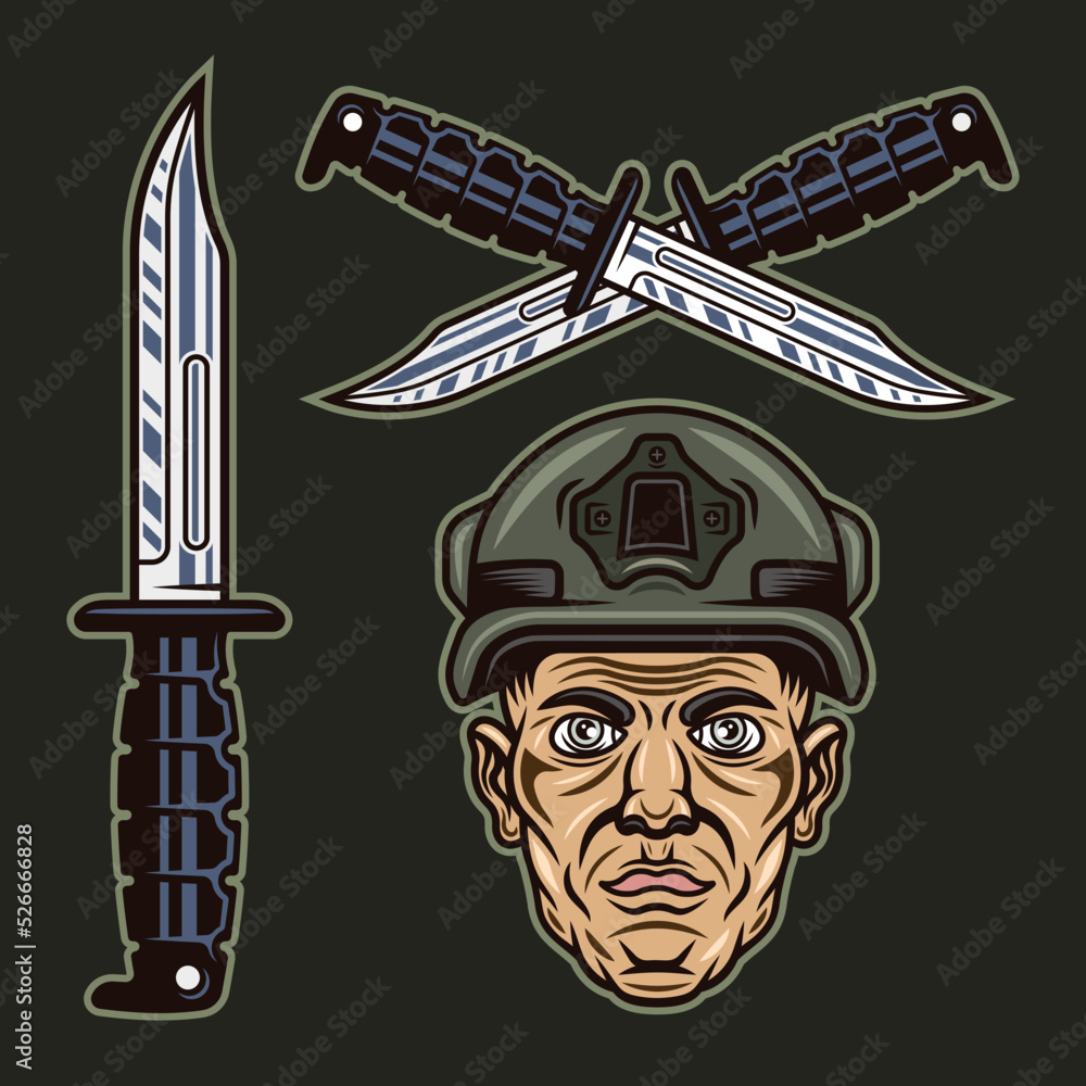 Soldier head, infantryman and combat knives set of vector objects or ...