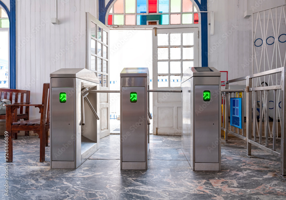 Entrance gate of ferry terminal, station, pier, seaport, front view ...