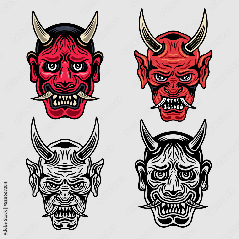 Vetor de Japanese culture demon masks, oni and hannya set of vector ...