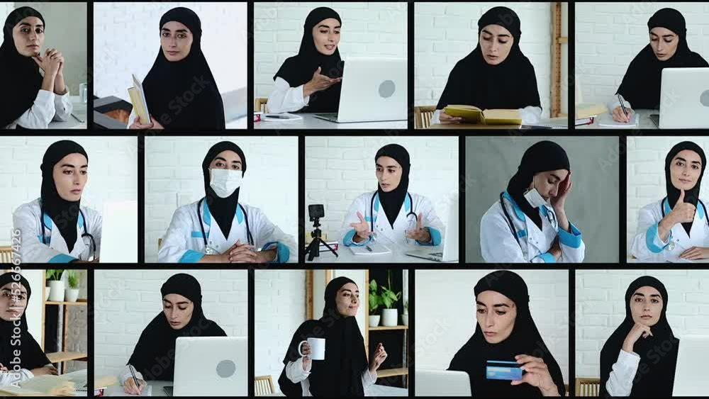 A collage with a Muslim woman doctor at work, with different emotions ...