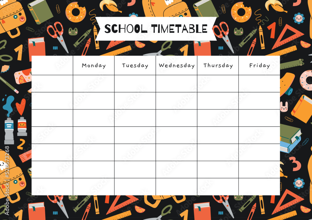 Cute school timetable with stationery and art supplies, cartoon style ...