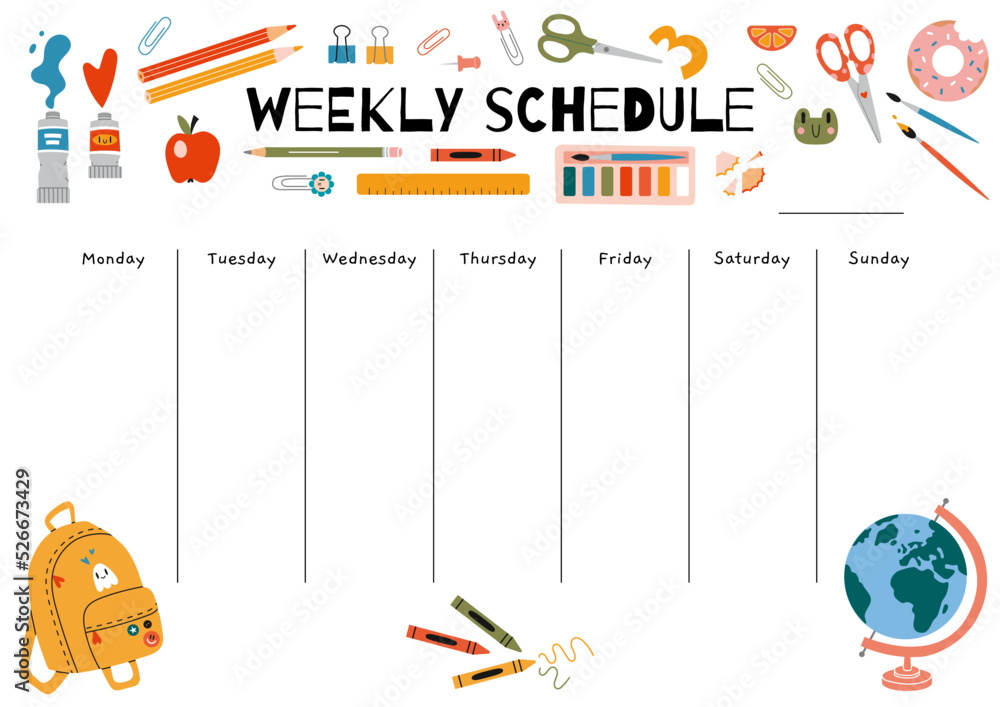 Cute Weekly Schedule Template With School Stationery And Art Supplies Cartoon Style Printable