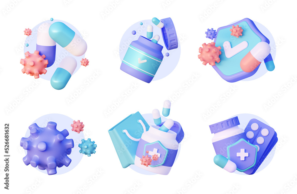 Set of medical preparations. Icon Protection against viruses and ...
