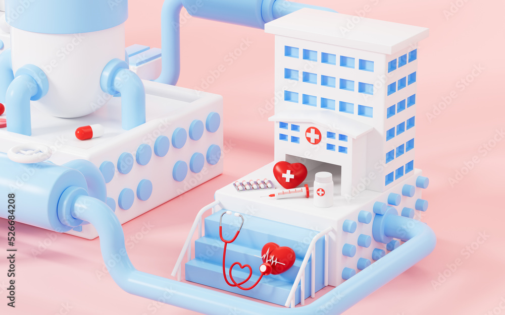 Cartoon hospital models and medical instruments, medical concept theme ...