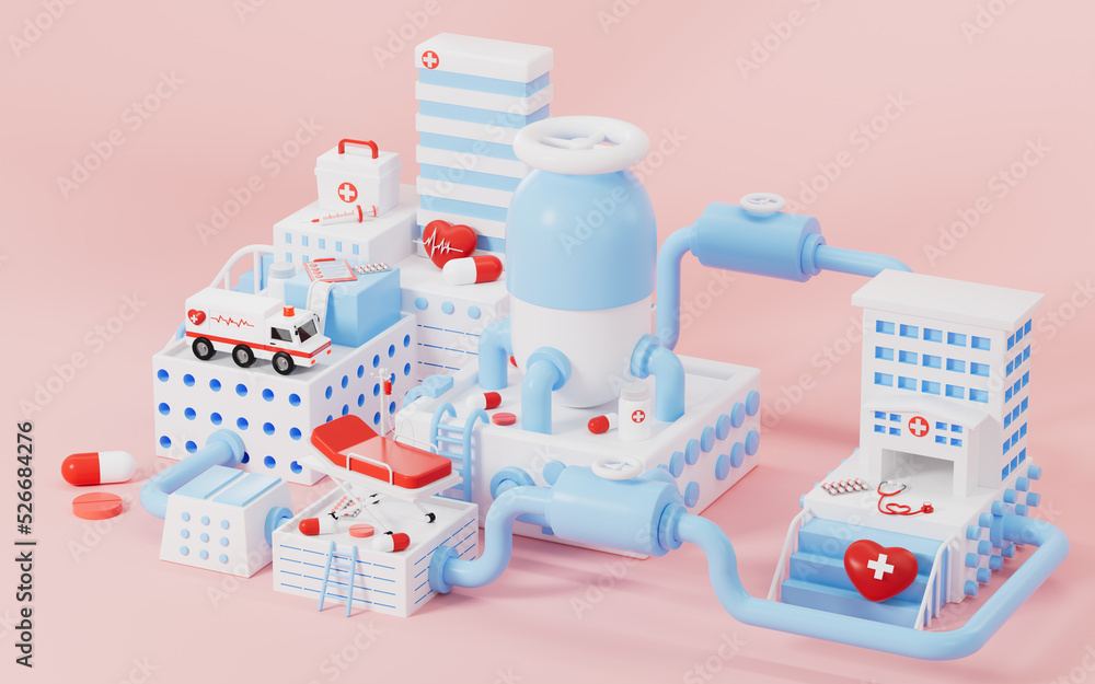 Cartoon hospital models and medical instruments, medical concept theme ...