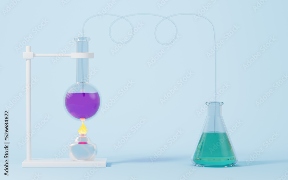 Alcohol lamp lit the flask connected to the conical flask, 3d rendering ...