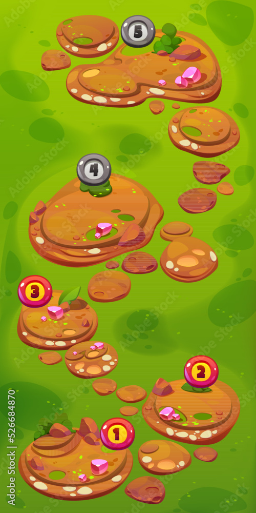 Game background with level map with icons with numbers on summer ...