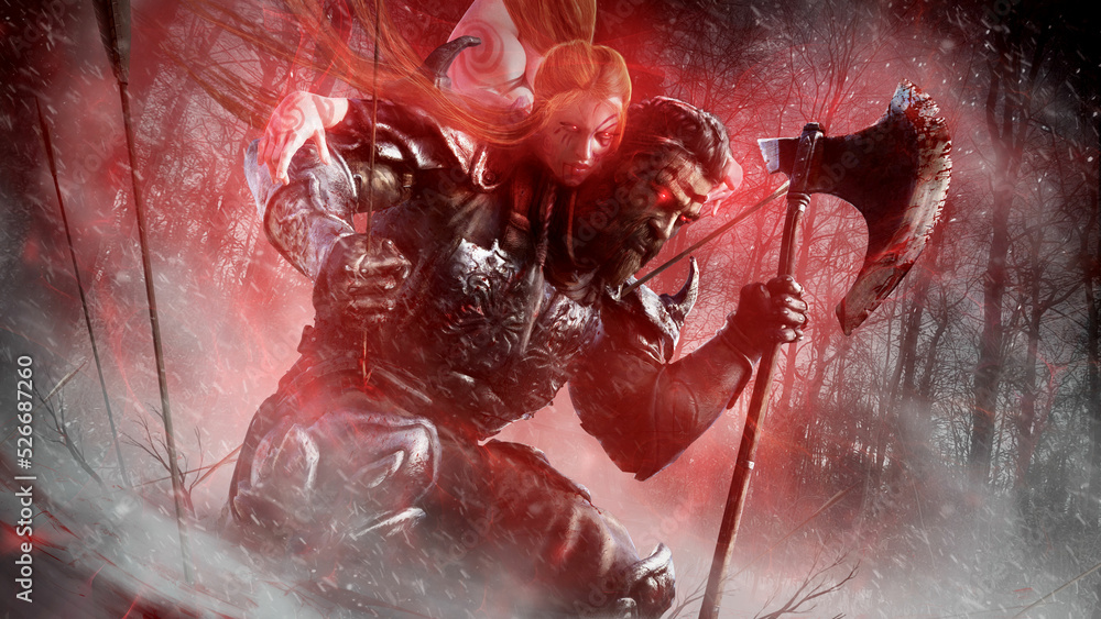 An embittered berserker on knees pulls an arrow out of his leg, his ...