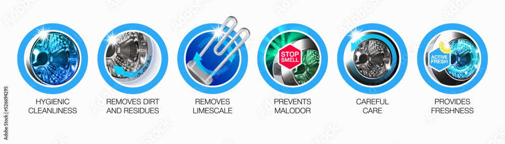 Washing machine drum and heating elements care icons set. cleaner and ...