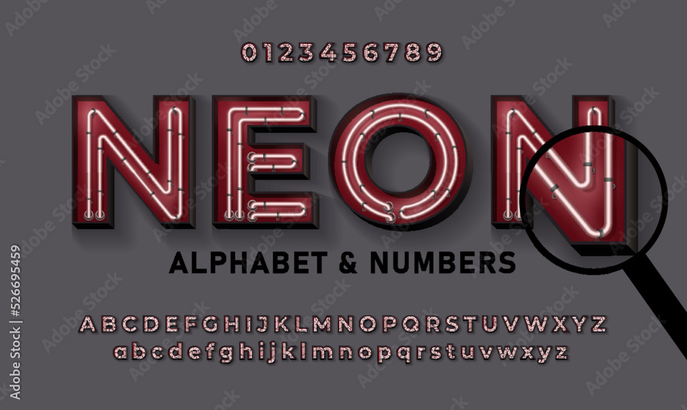 3d alphabet with glass neon tubes, font isolated on grey background ...