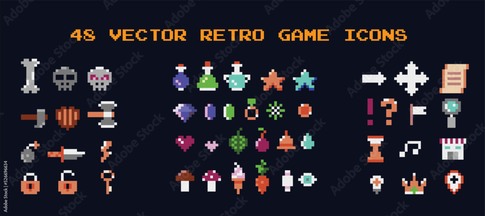 Vector 8 bit game icons set. Pixel art retro game style elements ...