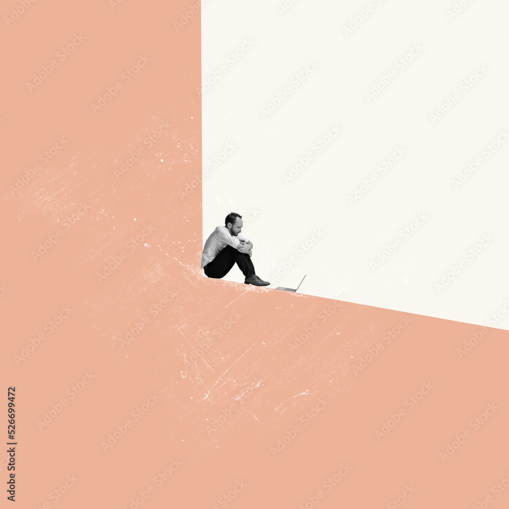 Contemporary art collage. Conceptual image. Depressed man sitting in ...