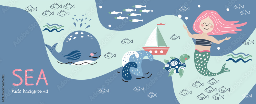 Funny cartoon mermaid, whale, sailboat, turtle and sea waves. Vector ...