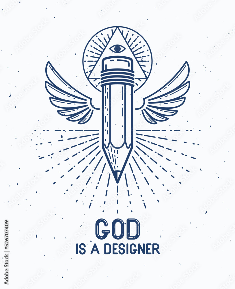 God is a designer concept, pencil with wings and all seeing eye of God ...