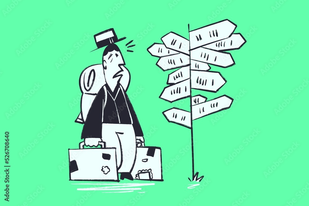 Illustration of a man with luggage looking at signal with too many ...