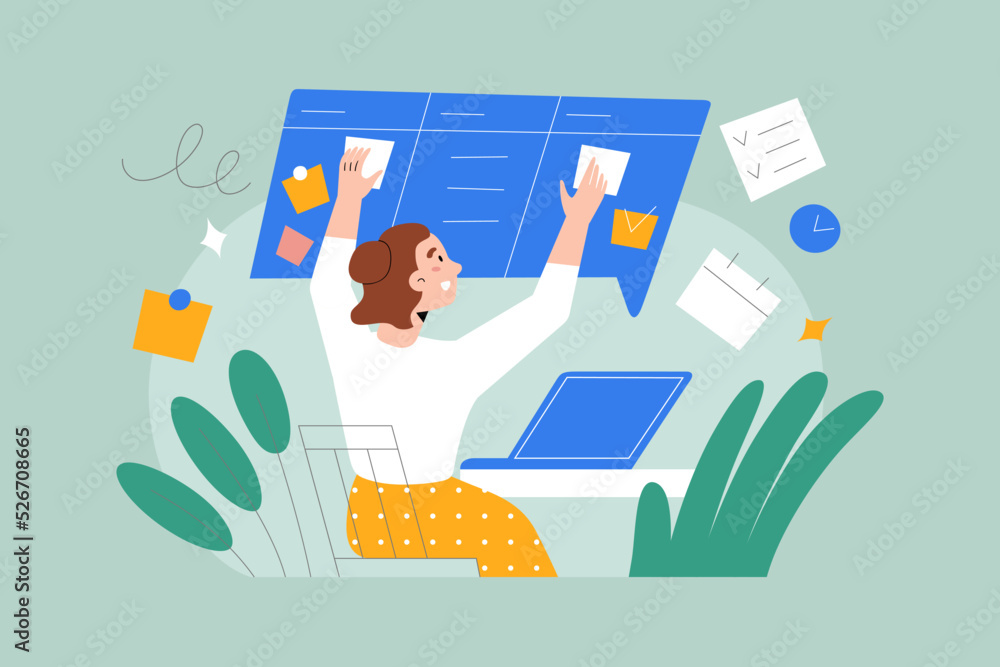 Young woman uses digital planner, creates pins, notes, tables and ...