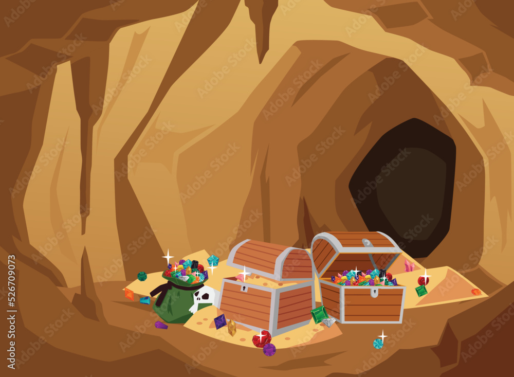 Cave entrance with treasure in chest and gold heaps flat vector ...