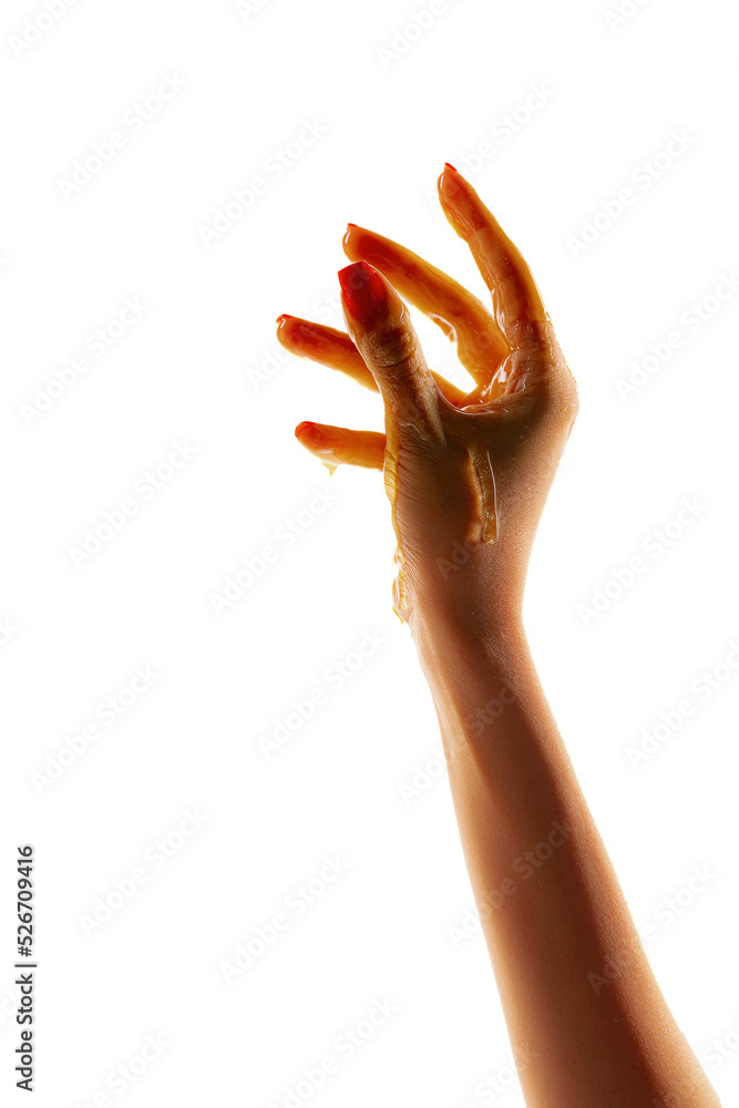 Honey running down the hand. Graceful female hand reaching up isolated ...