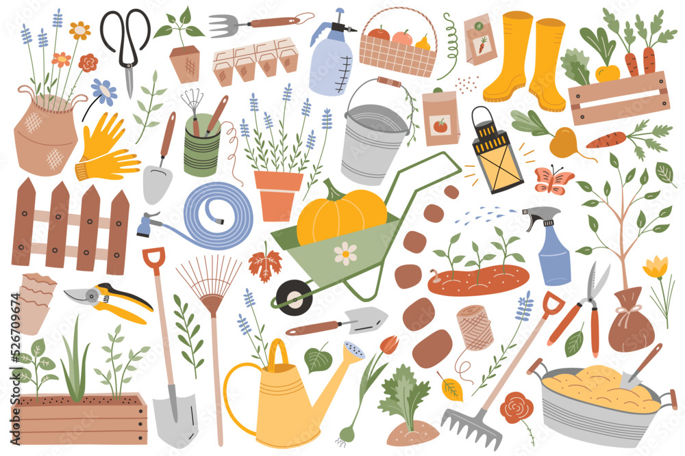 Set of garden tools icons, doodle illustrations of gardening and farm ...