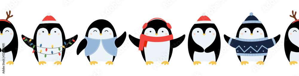 Seamless border of cute hand drawn penguins with accessories. Cartoon ...