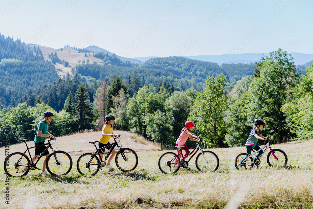 Young family with little child pushing bicycles on trail in nature in ...