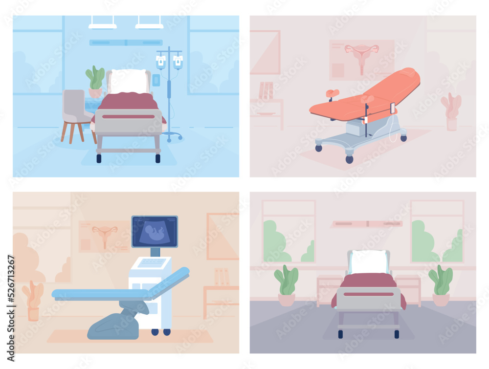 Hospital examining cabinets and wards flat color vector illustrations ...