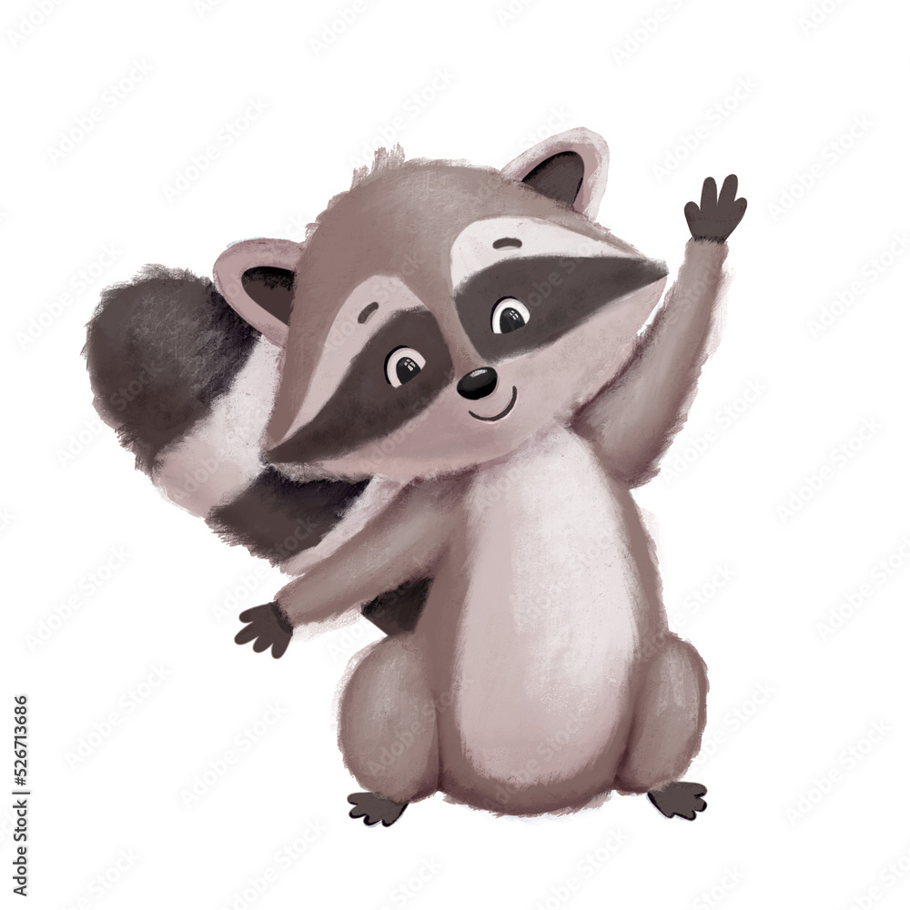 Funny cute cartoon raccoon waving hand. Hand drawn illustration of ...