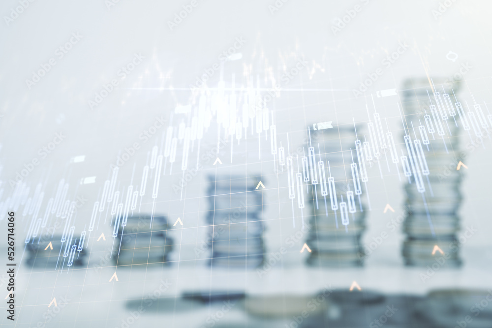 Multi exposure of abstract financial diagram and world map on growing ...