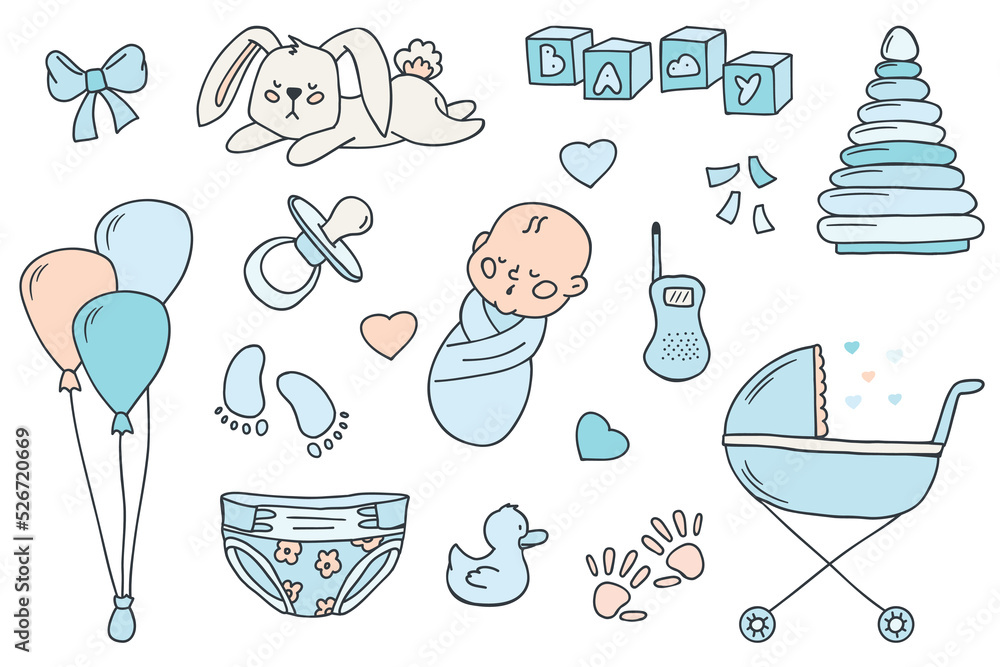 Newborn baby items. Set of baby care accessories, toys, baby clothes ...