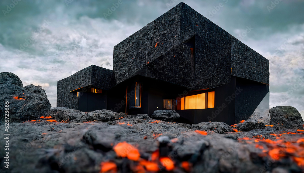 Black stone house, dramatic sky, volcanic rock, coals. Fantasy ...