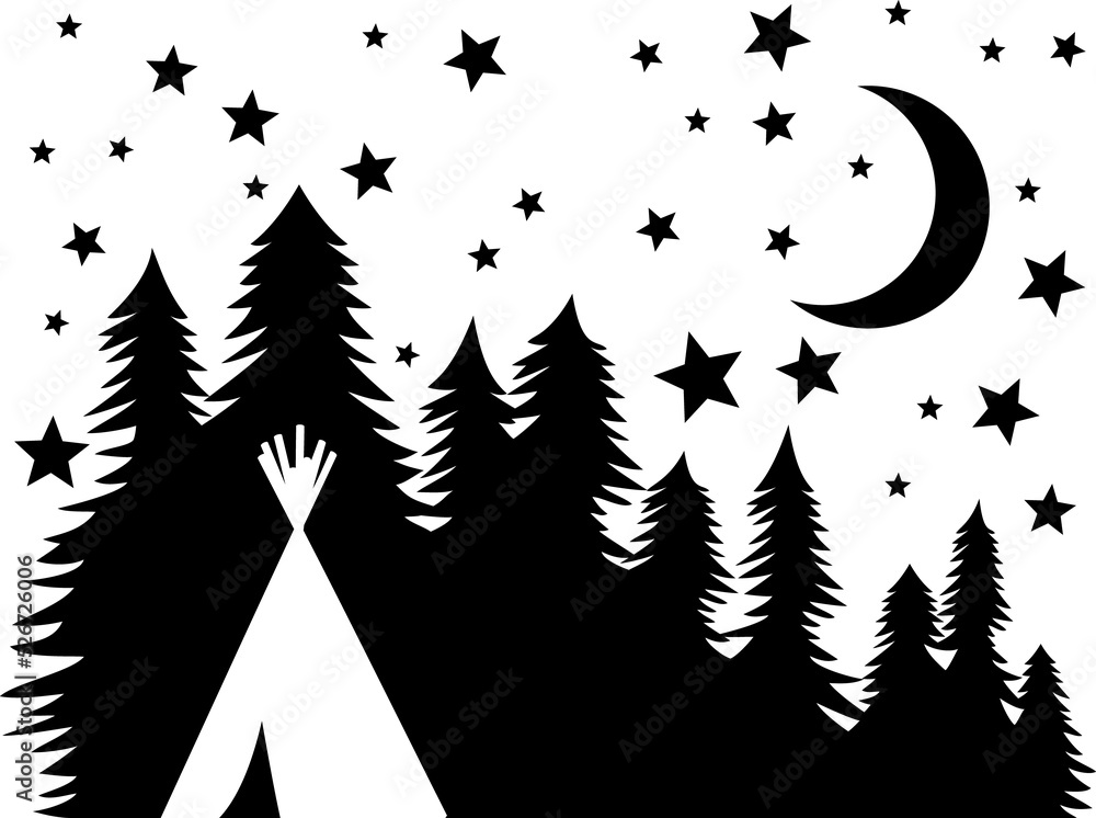 Native American wigwam or tepee and starry night. Forest, night moon ...