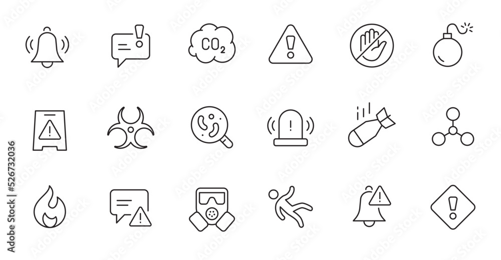 Danger biohazard line icon set. Fire danger, toxic, chemical radiation ...