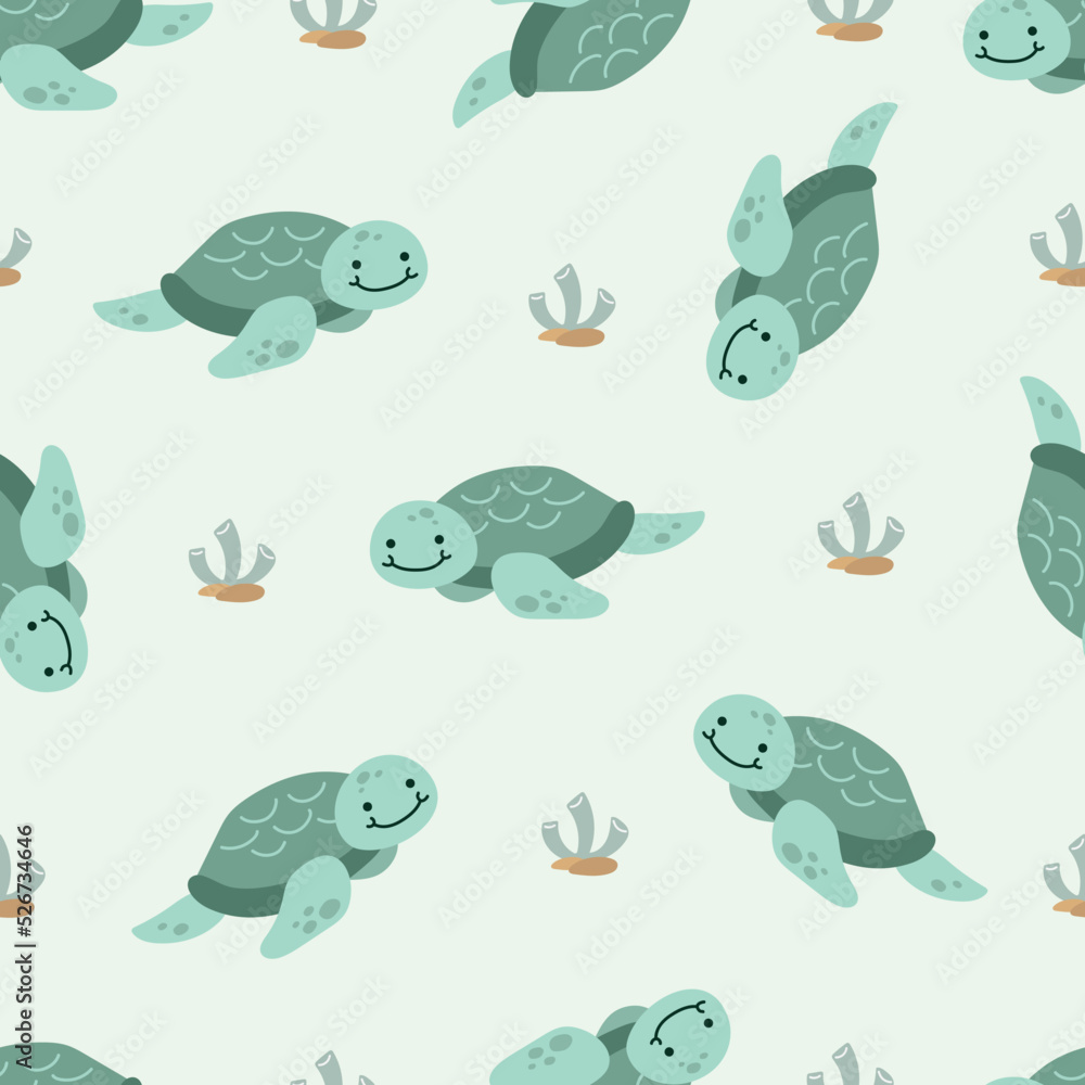 Smiling turtle sea life ocean cute doodle cartoon art pattern seamless ...