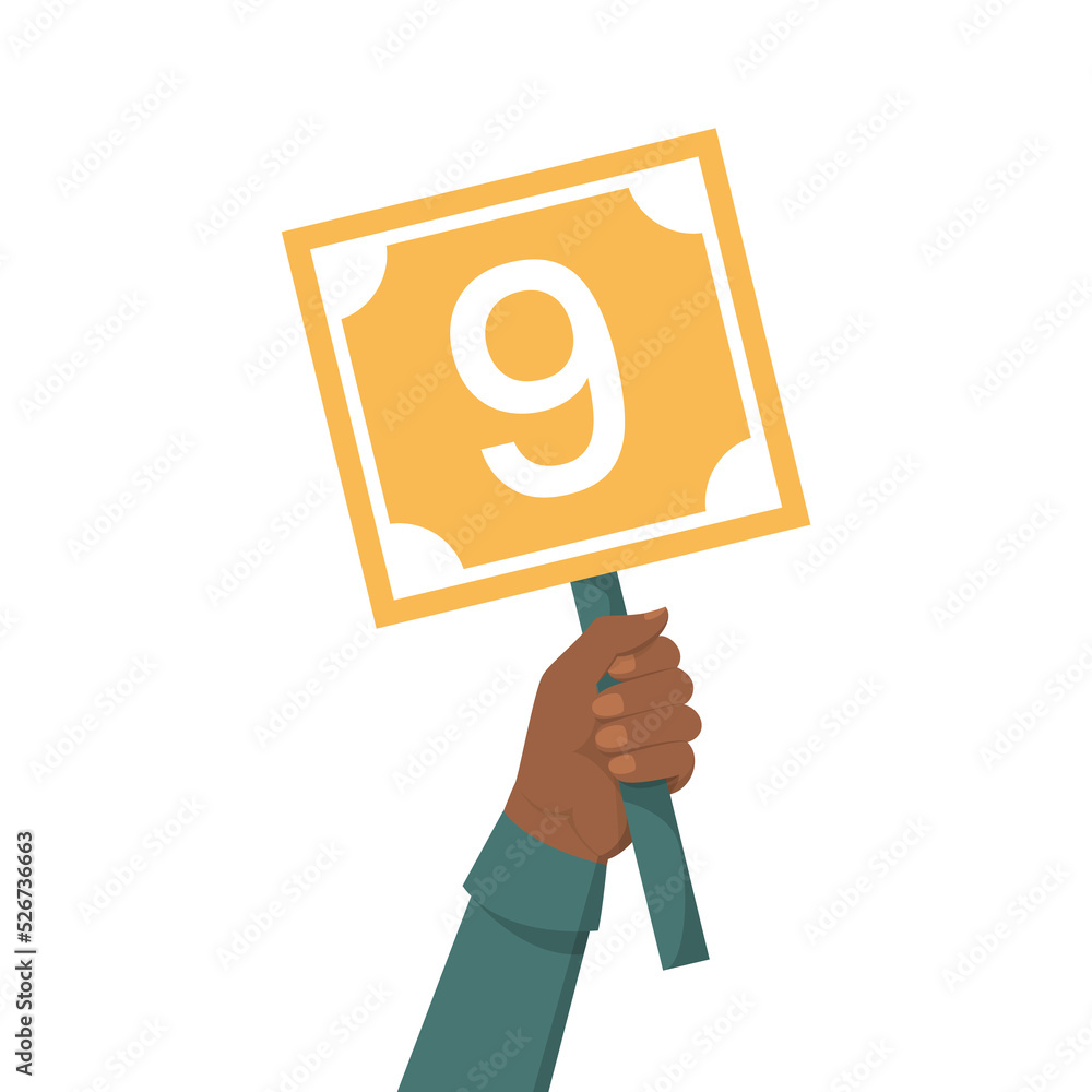 Hand holding scorecard with number 9. Jury showing result. Judge ...