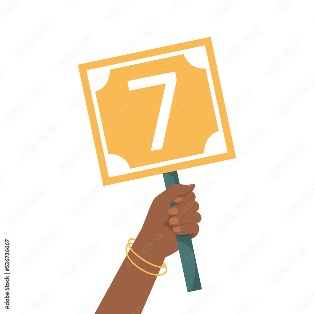 Hand holding scorecard with number 7. Jury showing result. Judge ...