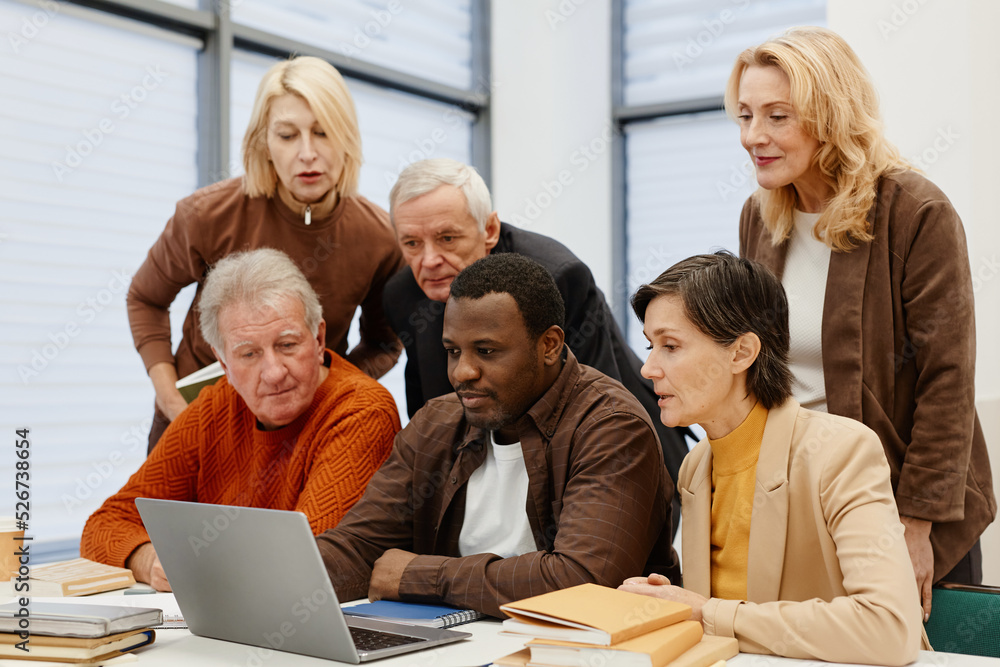 Group of senior people learning the basics of computer technology ...