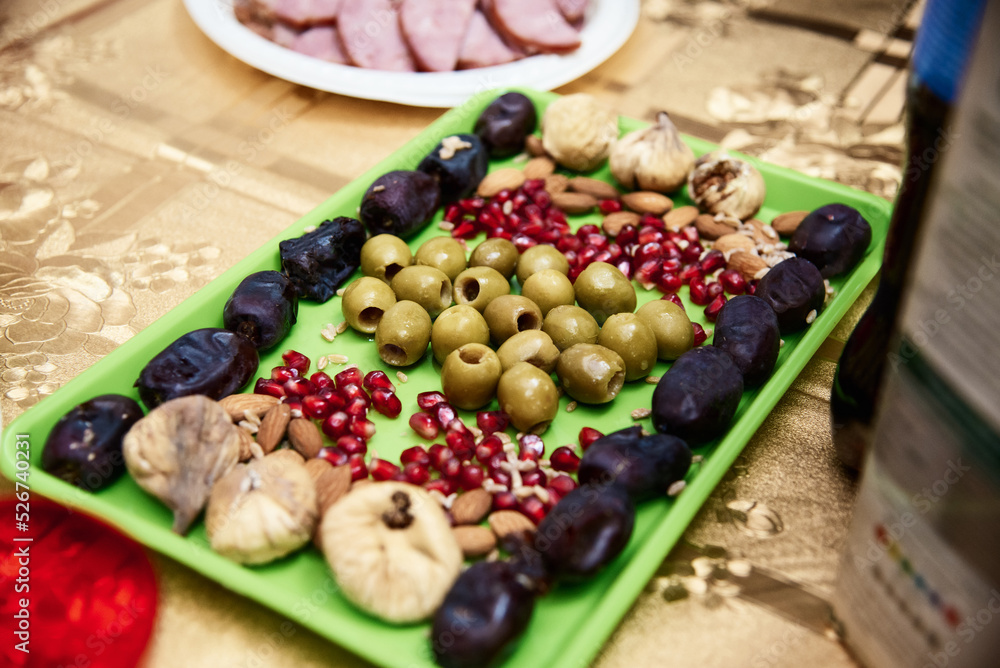Arabic and Middle Eastern dinner table. Hummus, tabbouleh salad ...