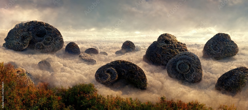 Otherworldly sunrise landscape with ammonite mountain peaks piercing ...