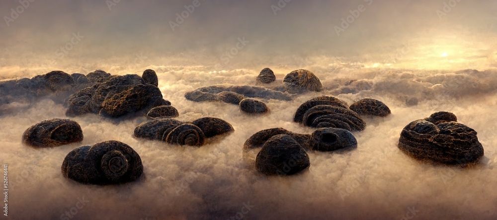 Otherworldly sunrise landscape with ammonite mountain peaks piercing ...