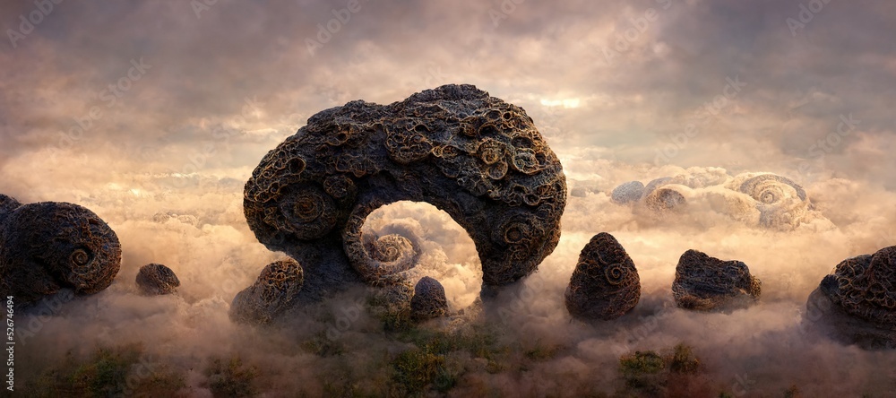 Otherworldly sunrise landscape with ammonite mountain peaks piercing ...