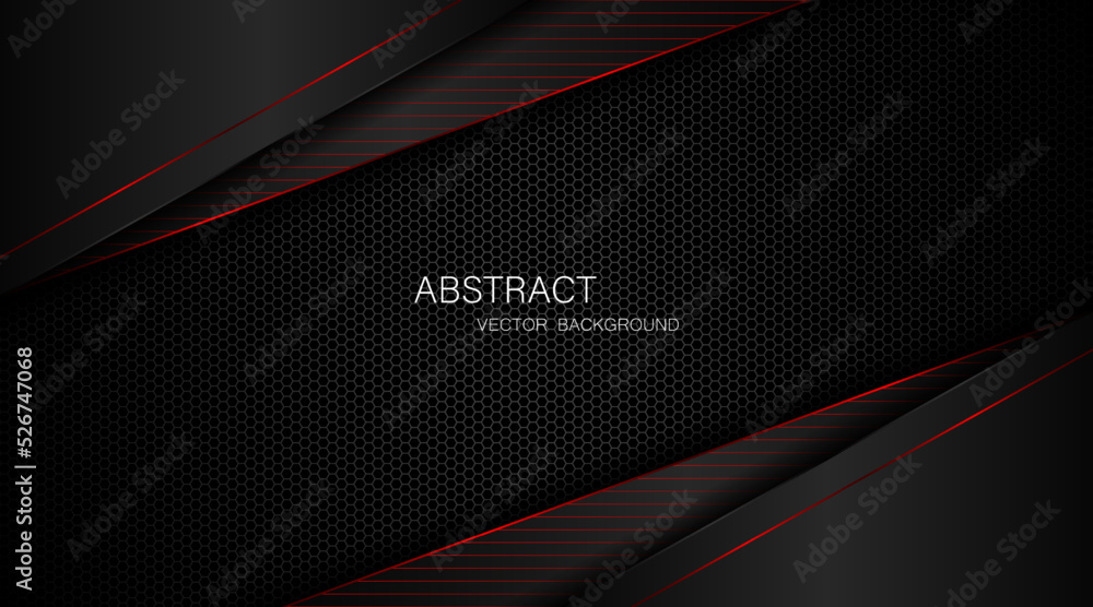 Abstract black and red polygon with red glow lines on dark steel mesh ...