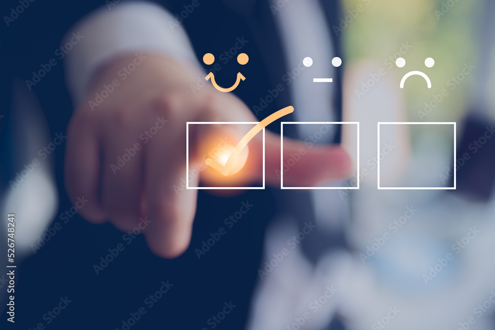 Finger of businessman touching and check mark on smile satisfaction ...