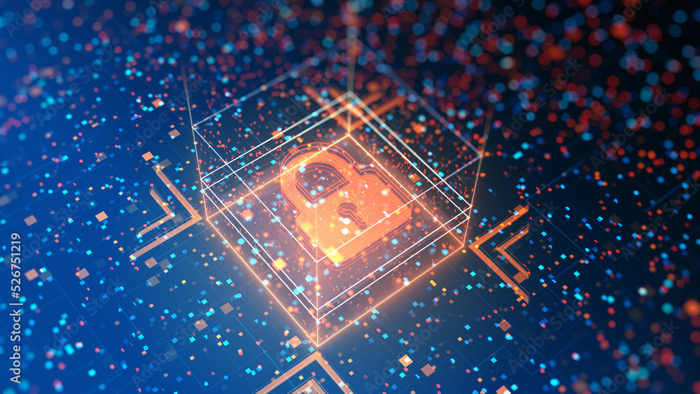 Padlock with Keyhole in data security on Converging point of circuit. Cyber data and information ...