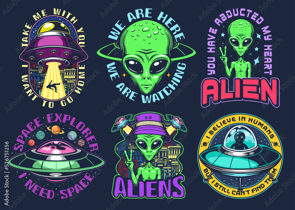 UFO set colorful posters vintage Stock Vector | Adobe Stock