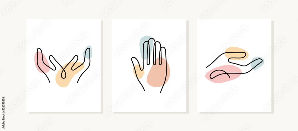 Hands gestures continuous line posters. Charity, support, care abstract ...
