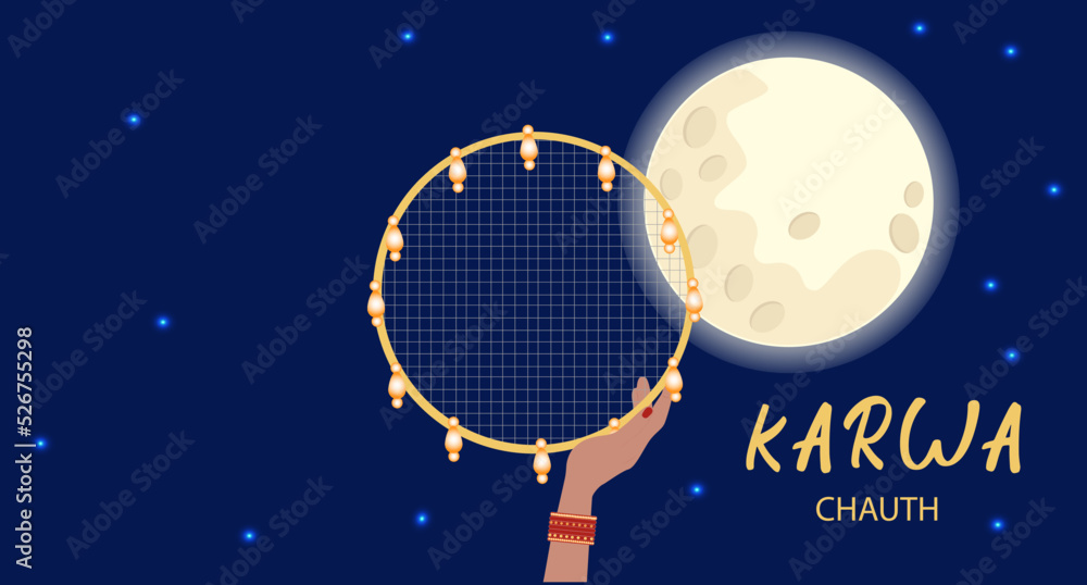 Happy Karwa Chauth festival card with a hand holding a traditionally ...