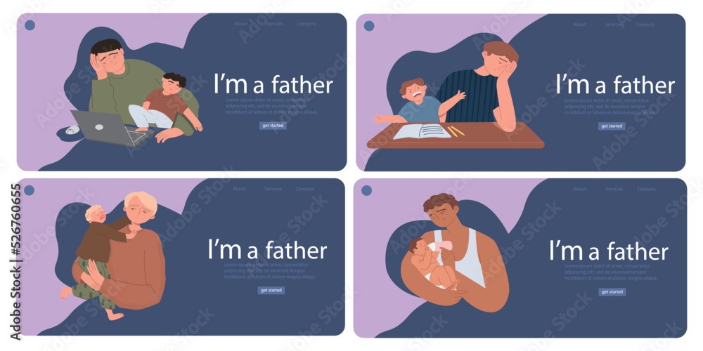 I am a father. The concept of parenthood and child care. An exhausted ...