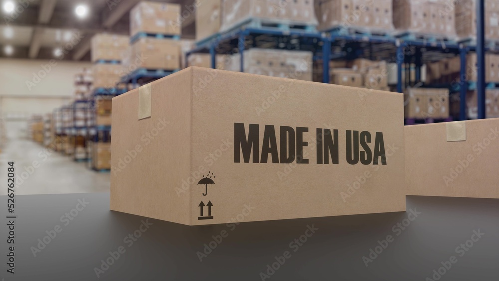Boxes with MADE IN USA text on roller conveyor. 3d illustration Stock ...